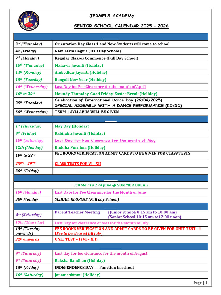 Jermel's Academy Senior Calendar 2025-26 | PDF