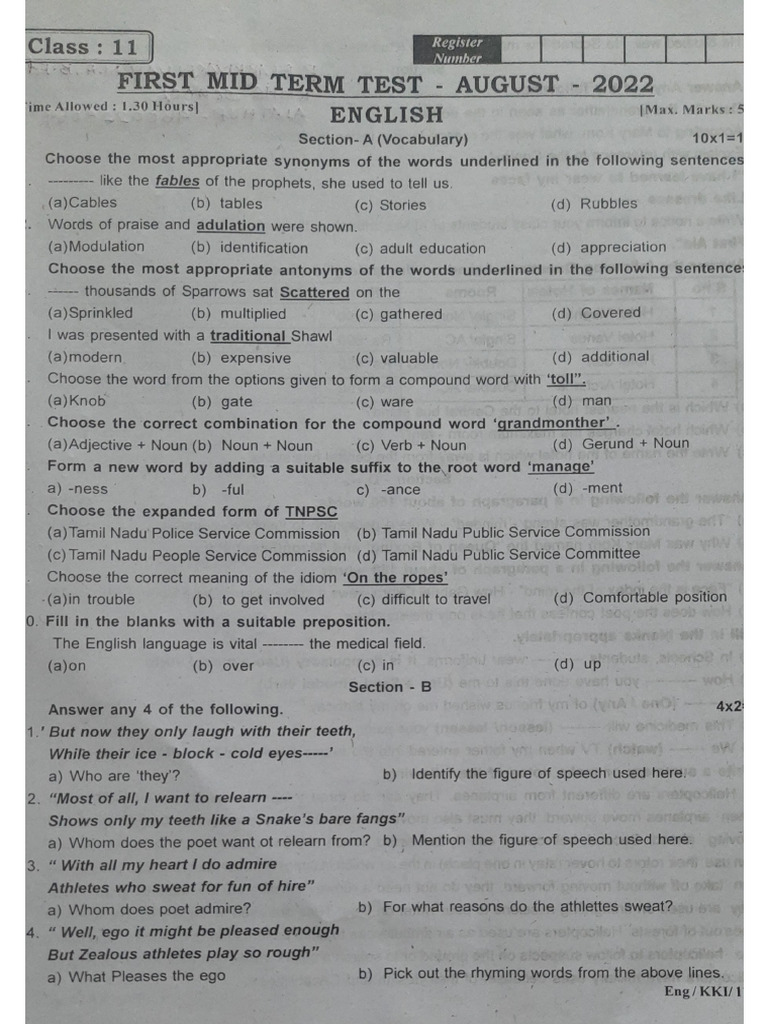 11th English 1st Mid Term Exam 2022 Question Paper With Answer Key Kallakurichi District English ...