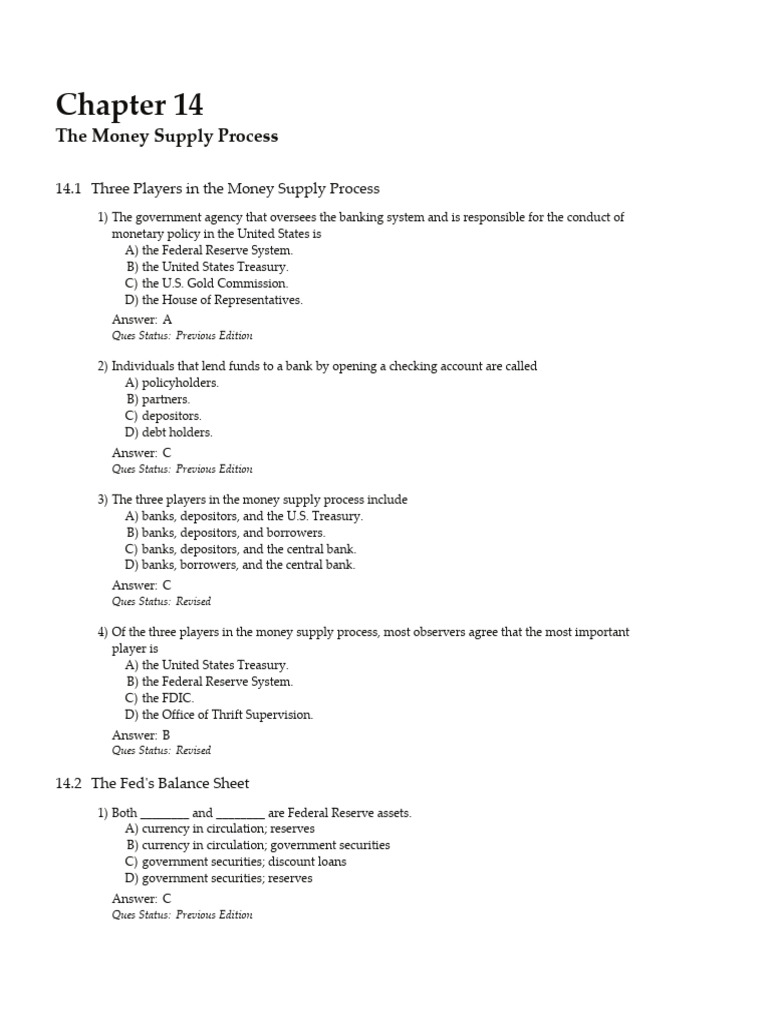 MCQs Chapter 14 - The Money Supply Process | PDF | Money Supply | Federal Reserve
