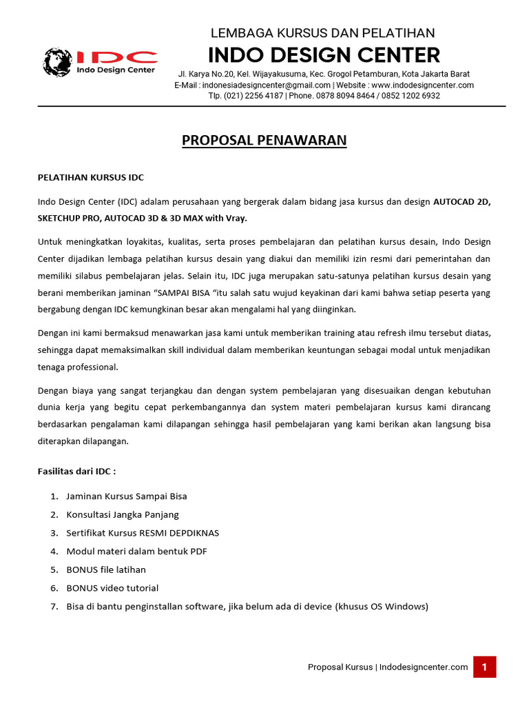 Proposal Idc (Autocad 2d, 3d, 3dsmax+vray, Sketchup+Vray & Rab) | PDF