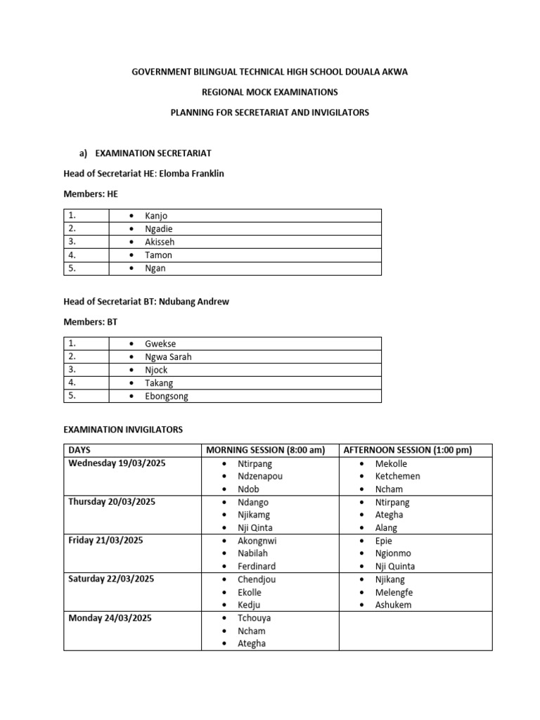Regional Mock Invigilation Table-1 | PDF