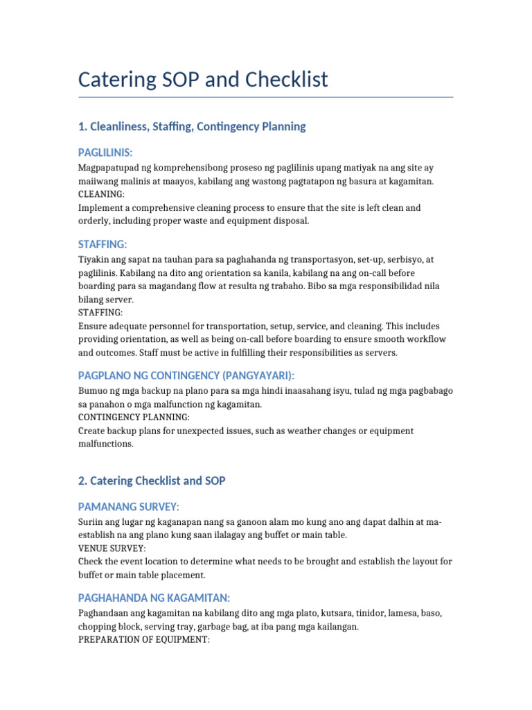 Catering SOP and Checklist (1) | PDF
