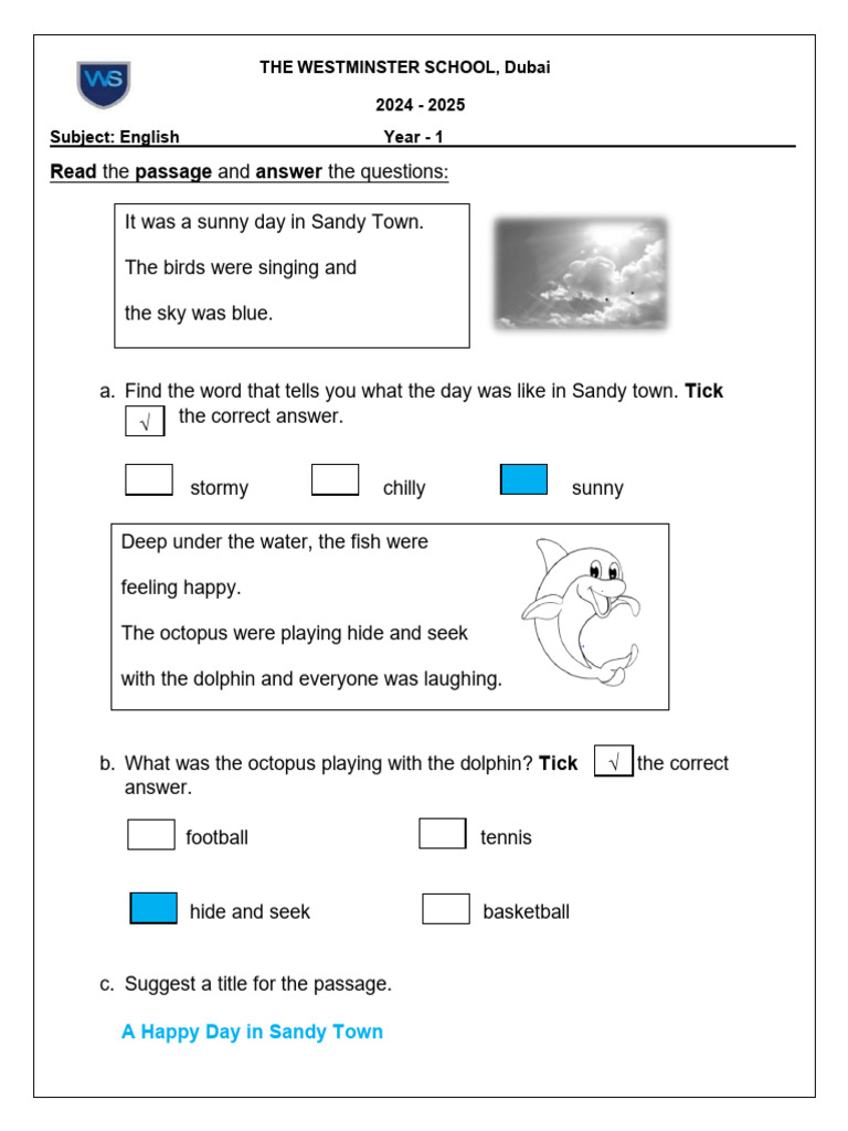 Reading Comprehension Worksheet 7 - Answer Key | PDF