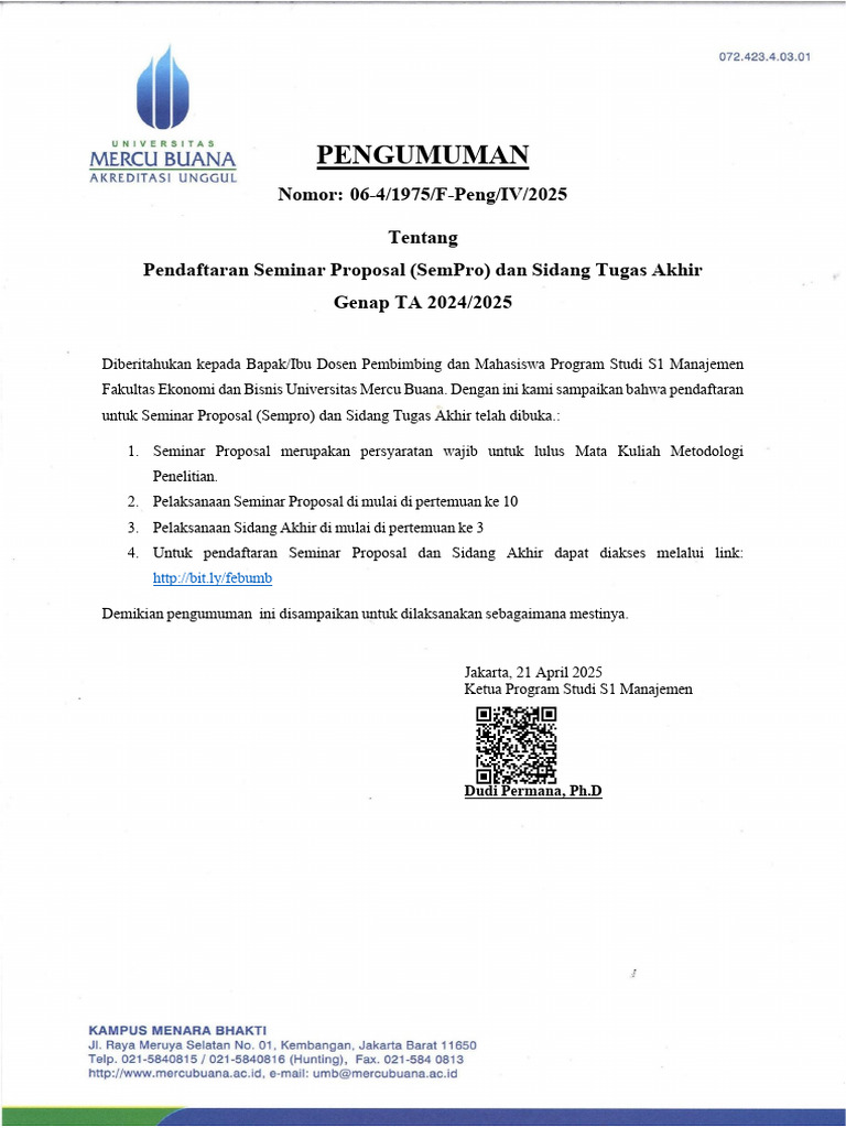 Pengumuman Pendaftaran SemPro Dan SIdang Genap TA 2024-2025 | PDF