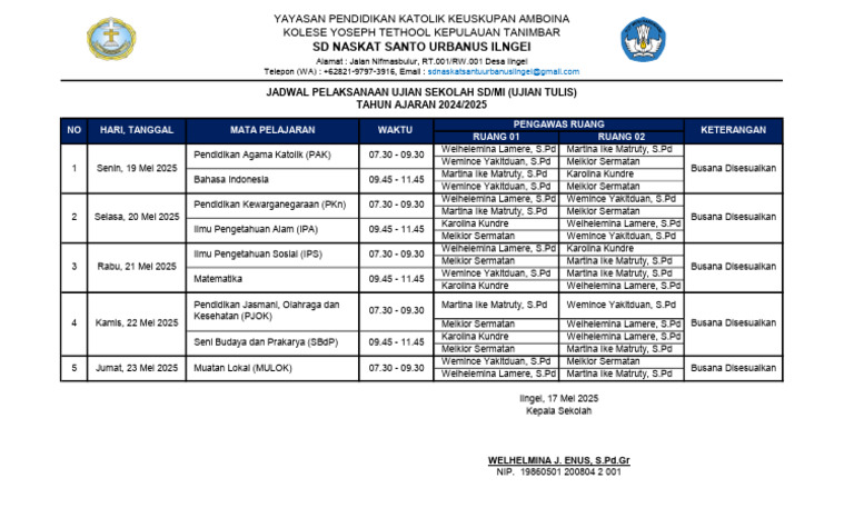 JADWAL UJIAN SEKOLAH (UJIAN TULIS) | PDF