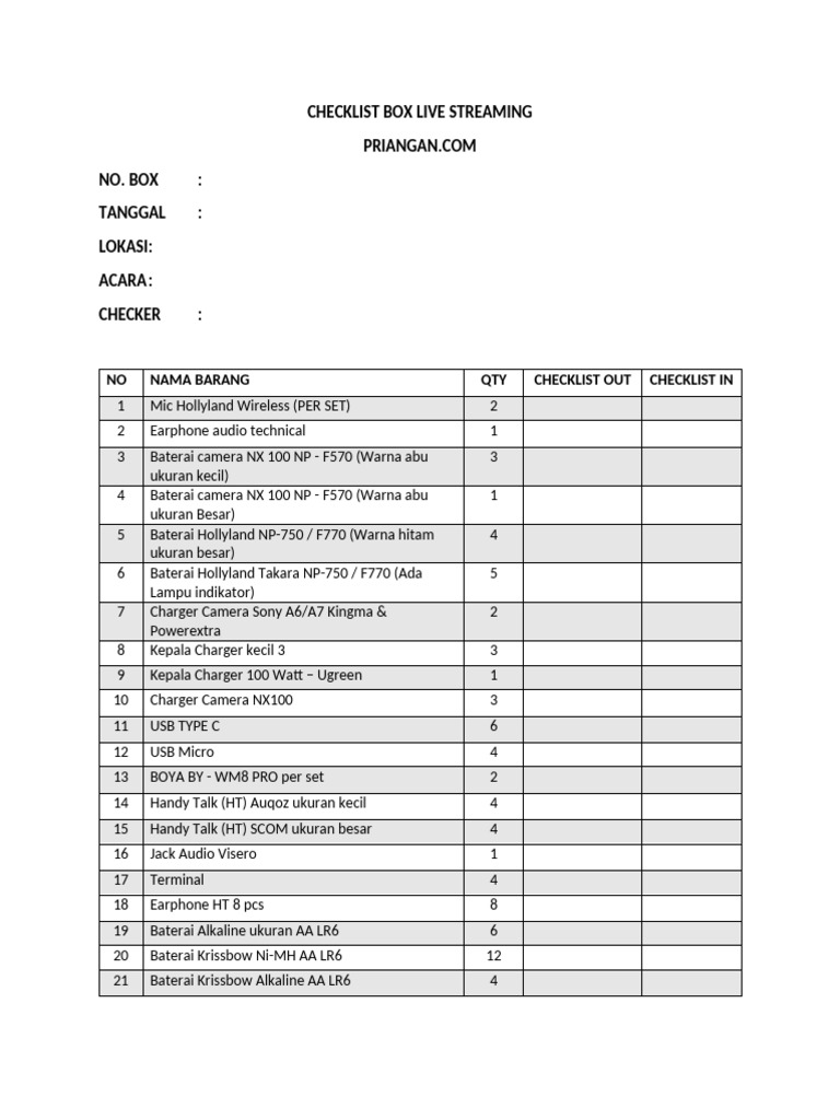 Checklist Box Live Streaming | PDF | Optical Devices | Lenses