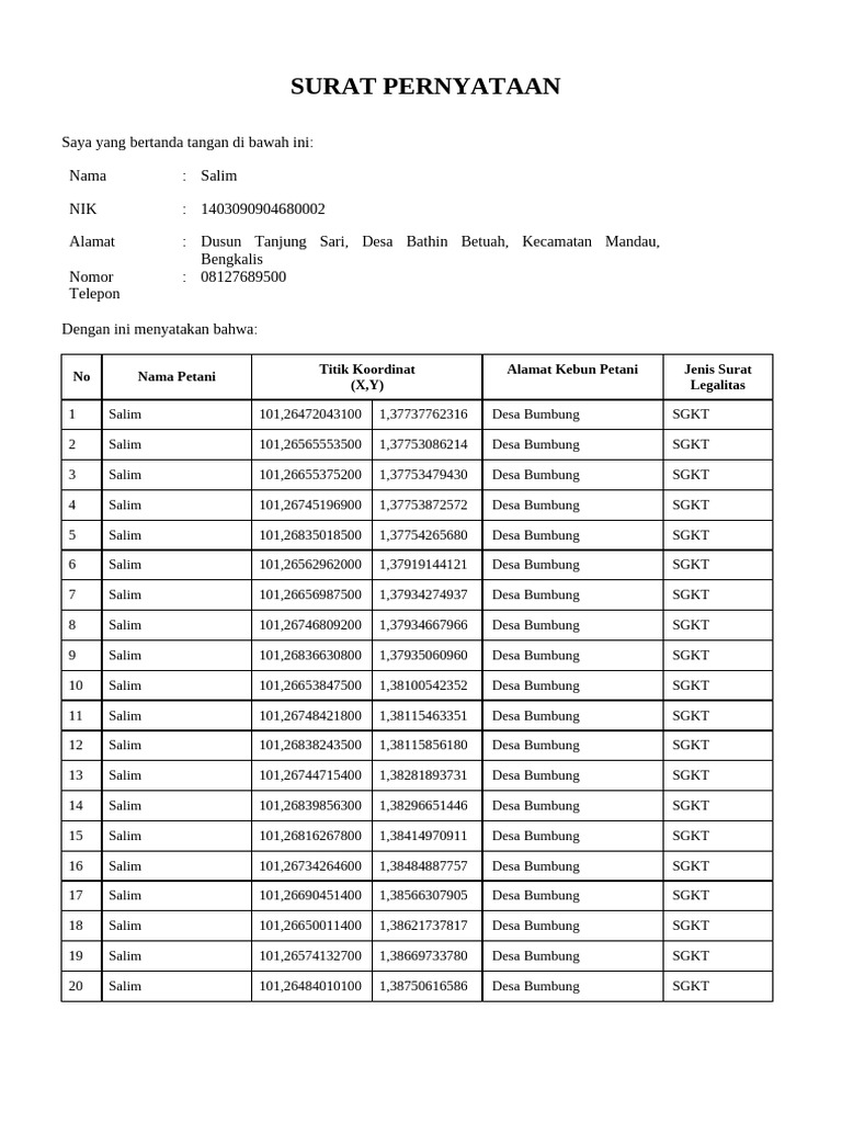Surat Pernyataaan - Pak Salim | PDF