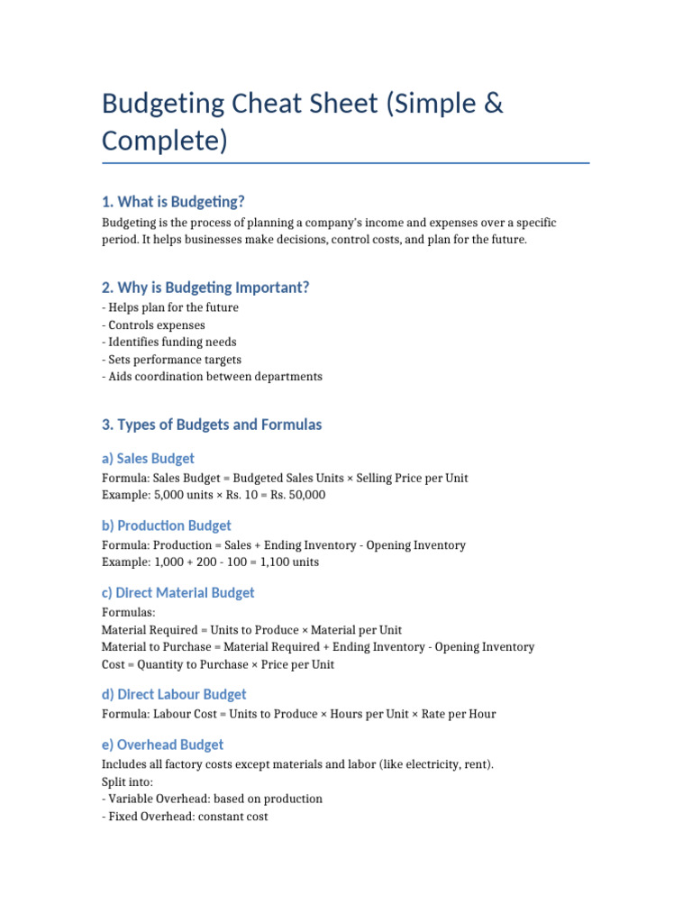 Budgeting Cheat Sheet | PDF