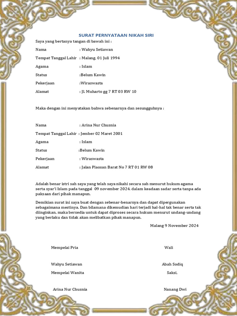 Contoh Surat Pernyataan Nikah Siri | PDF