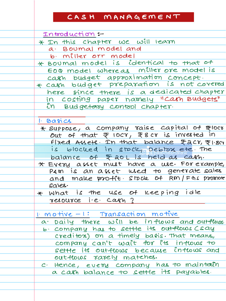 Cash Management Hand Notes | PDF | Cash | Money