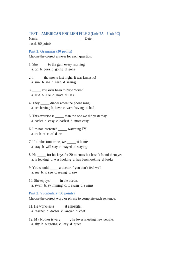 American English File 2 Test Units 7A-9C | PDF