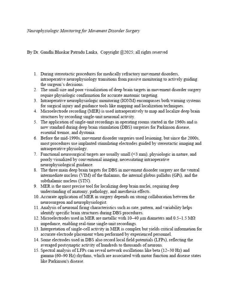 Neurophysiologic Monitoring for Movement Disorder Surgery | PDF | Deep ...