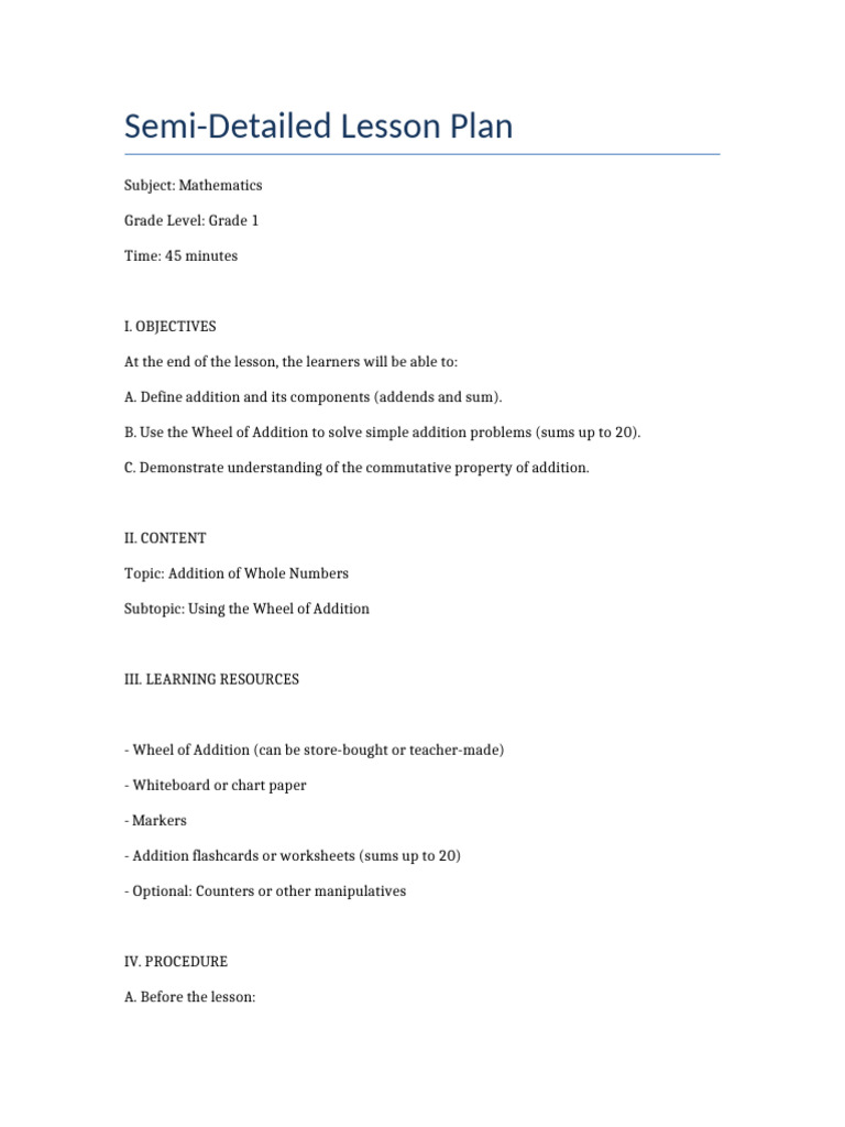 Grade1 Addition Lesson Plan | PDF | Lesson Plan | Learning