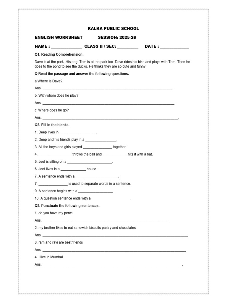 CLASS-2 ENGLISH WORKSHEET | PDF