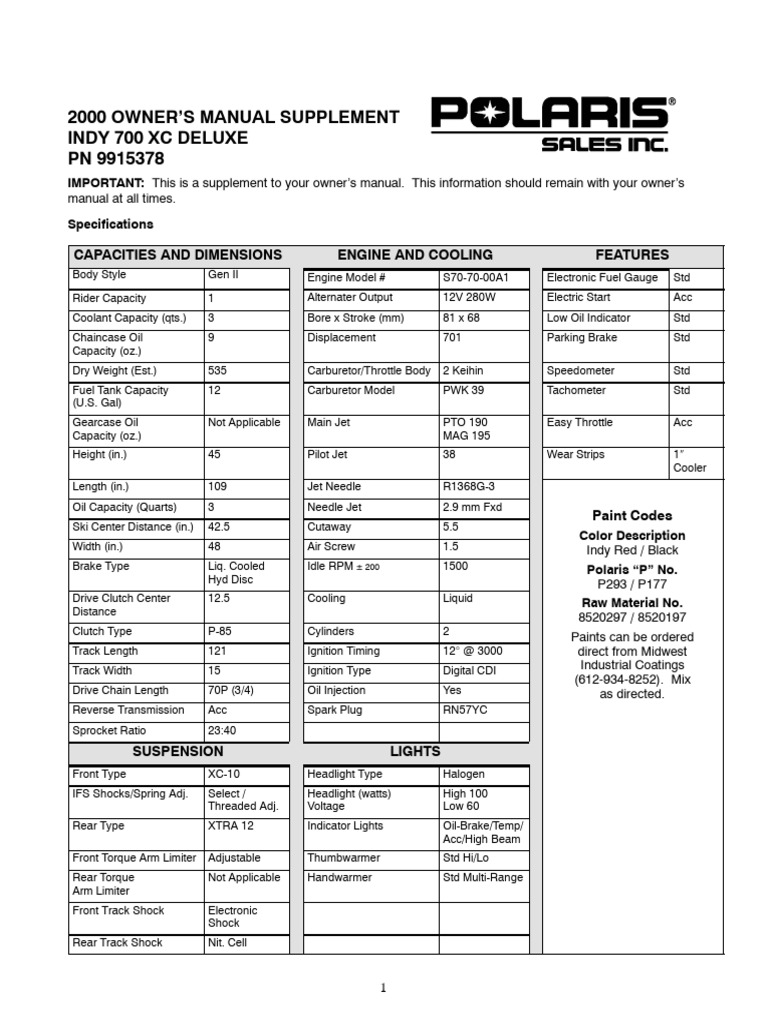 2000 Owner'S Manual Supplement Indy 700 XC Deluxe PN 9915378 | PDF ...