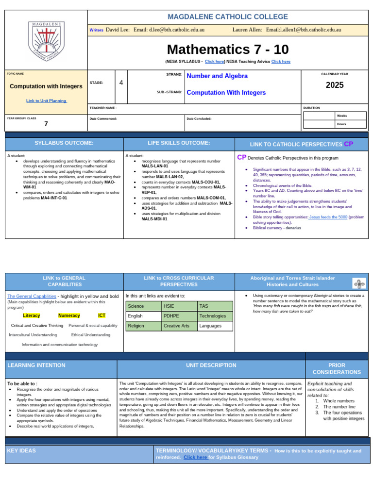 Computation With Integers | PDF | Equations | Numbers
