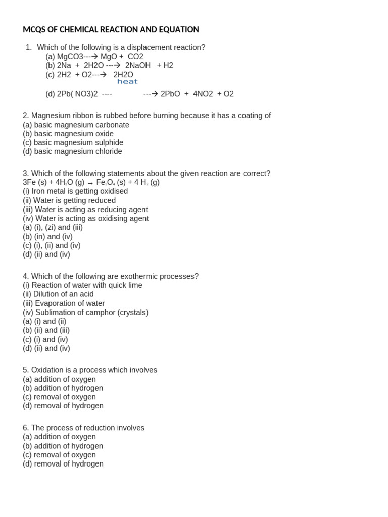 Mcqs of Chemical Reaction and Equation | PDF | Oxide | Chemical Reactions