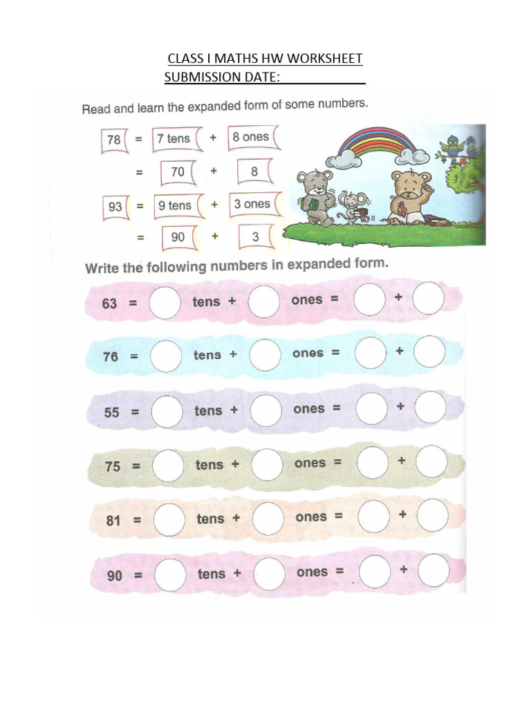 CBSE Class 1 Maths Practice Worksheets (84) - Expanded Form | PDF