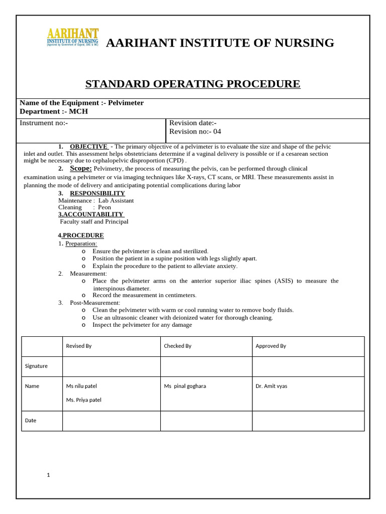 Pelvimeter SOP for Nursing Institute | PDF