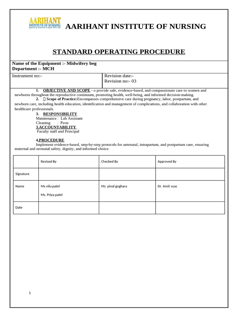 Midwifery Equipment SOP for Nursing | PDF
