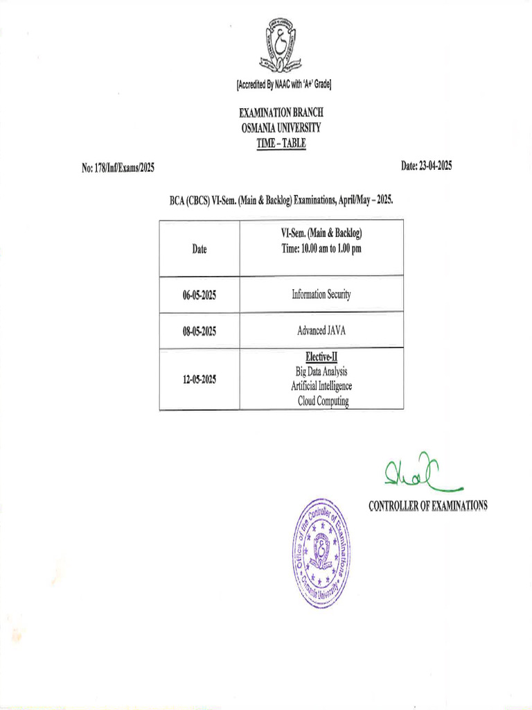 OU BCA (CBCS) Main & Backlog Examinations Time Tables - April May 2025 | PDF