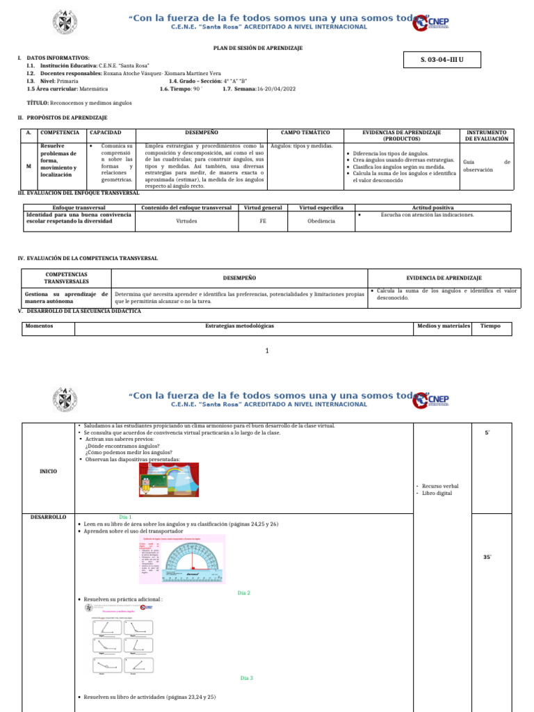 Sesión Matemática Angulos (Día 3) | PDF | Ángulo | Aprendizaje