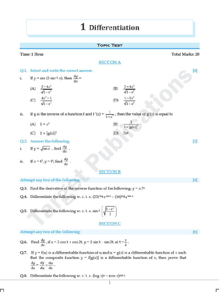 Std. 12th Perfect - Maths II - Topic Test of The Chapter ...