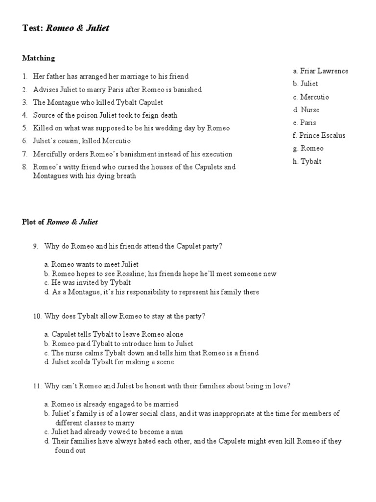 Romeo & Juliet Test | PDF | Characters In Romeo And Juliet ...