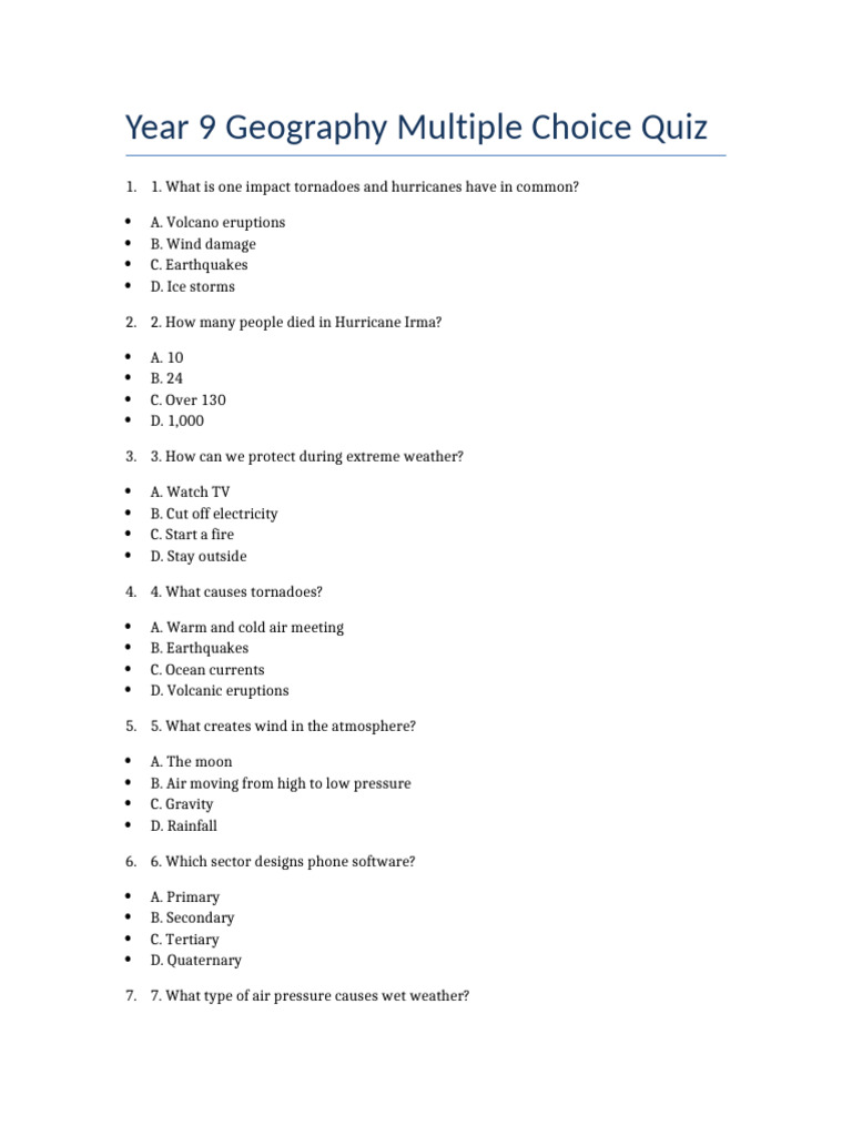 Year_9_Geography_Multiple_Choice_Quiz | PDF | Tropical Cyclones | Wound