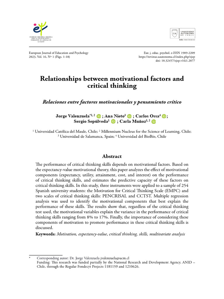 Relationships Between Motivational Factors and Critical Thinking | PDF | Critical Thinking | Reason