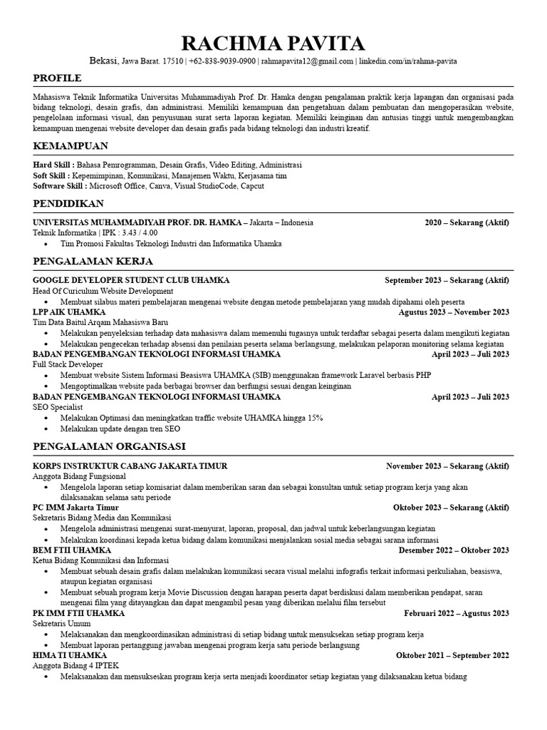 CV - Rachma Pavita | PDF