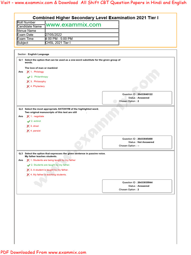 SSC CHSL Tier 1 Question Paper 27.5.2022 All Shift in Hindi | PDF ...