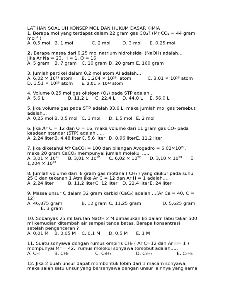 Latihan Soal Uh Konsep Mol Dan Hukum Dasar Kimia - 1 | PDF