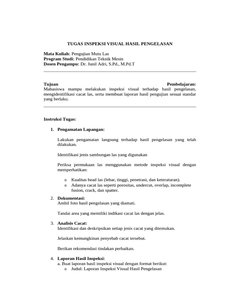 Tugas Inspeksi Visual Pengelasan | PDF