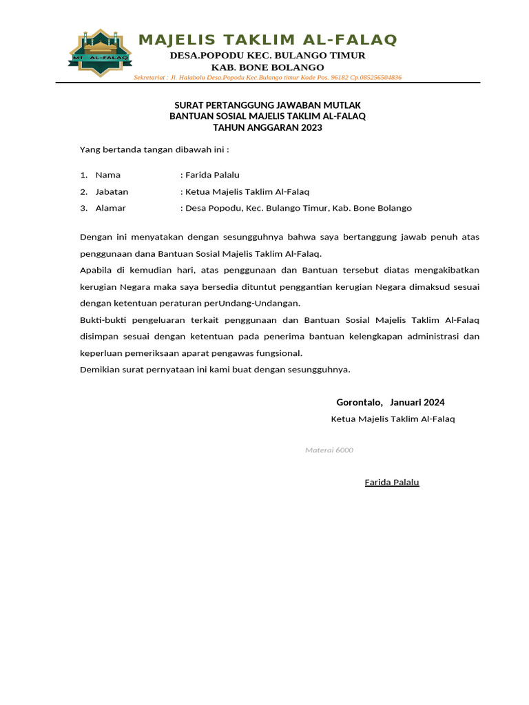 Contoh Format Surat Pertanggung Jawaban Mutlak Bansos | PDF