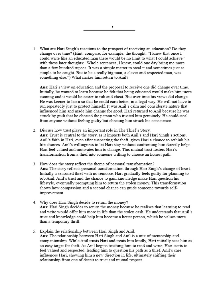 Class 10 The Thief's Story | PDF | Theft | Friendship