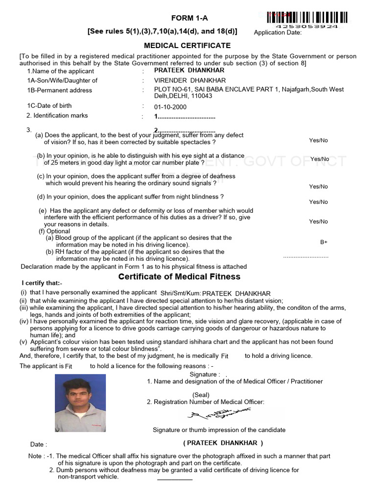 Transport Department. Govt of NCT of Delhi: Form 1-A (See Rules 5 (1 ...