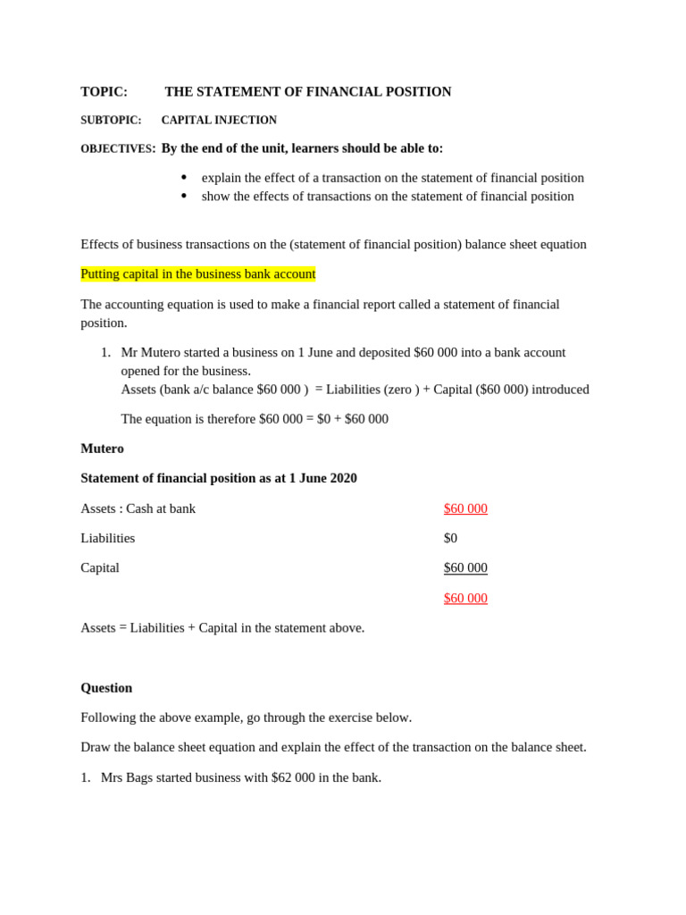 The Statement of Financial Position - Capital Injection | PDF