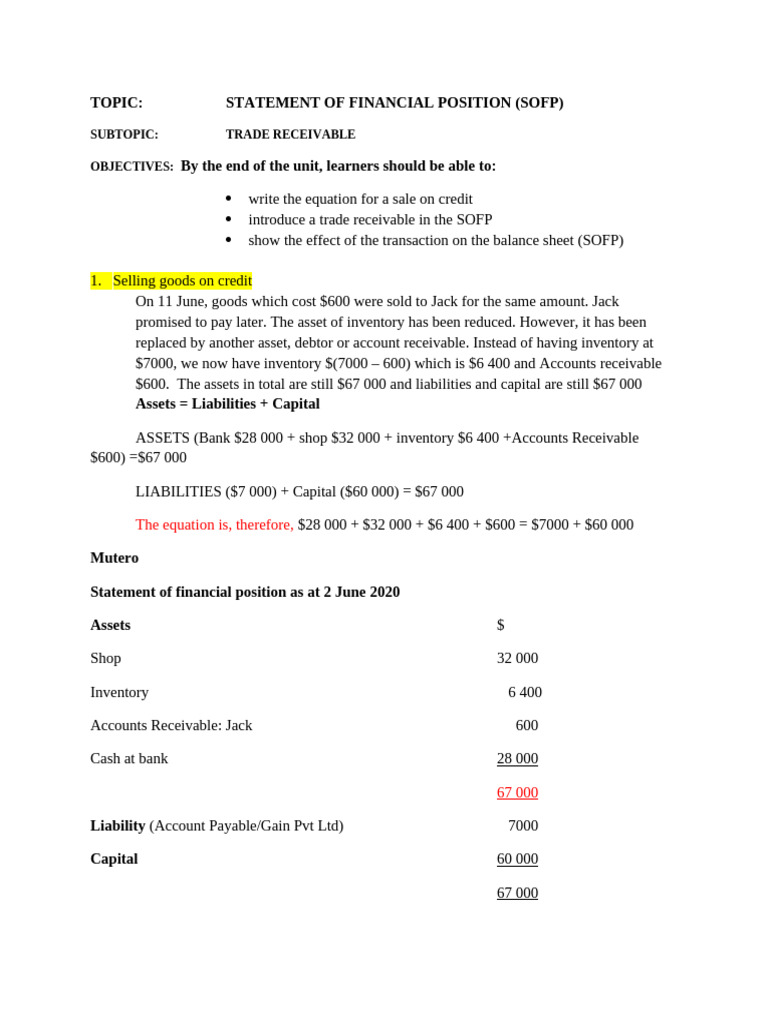 Statement of Financial Position Sofp-trade Receivable | PDF