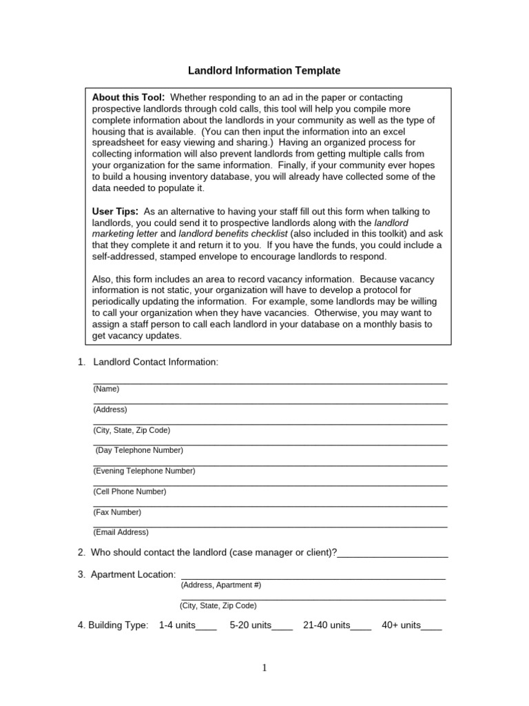 Landlord Information Template v2 Aug06 | PDF | Telephone Number | Databases