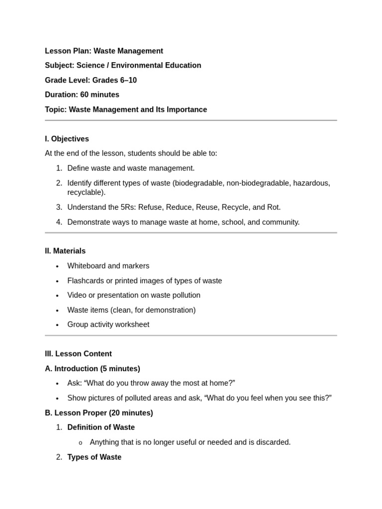 Waste Management Lesson Plan for Grades 6-10 | PDF | Waste | Waste ...