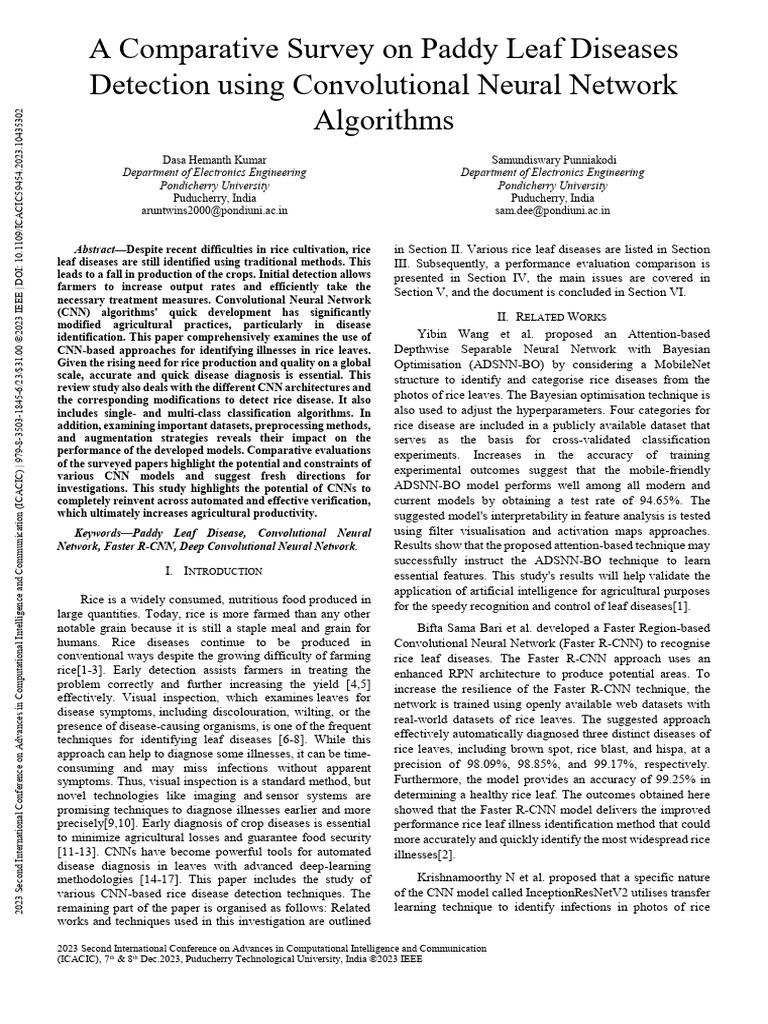 A Comparative Survey On Paddy Leaf Diseases Detection Using Convolutional Neural Network ...