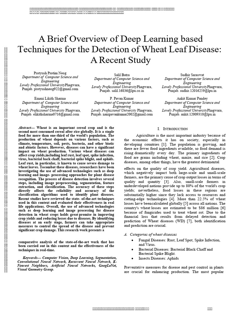 A Brief Overview of Deep Learning Based Techniques For The Detection of Wheat Leaf Disease A ...