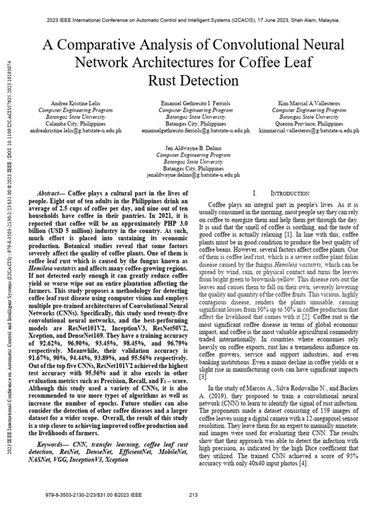 A Comparative Analysis of Convolutional Neural Network Architectures For Coffee Leaf Rust ...