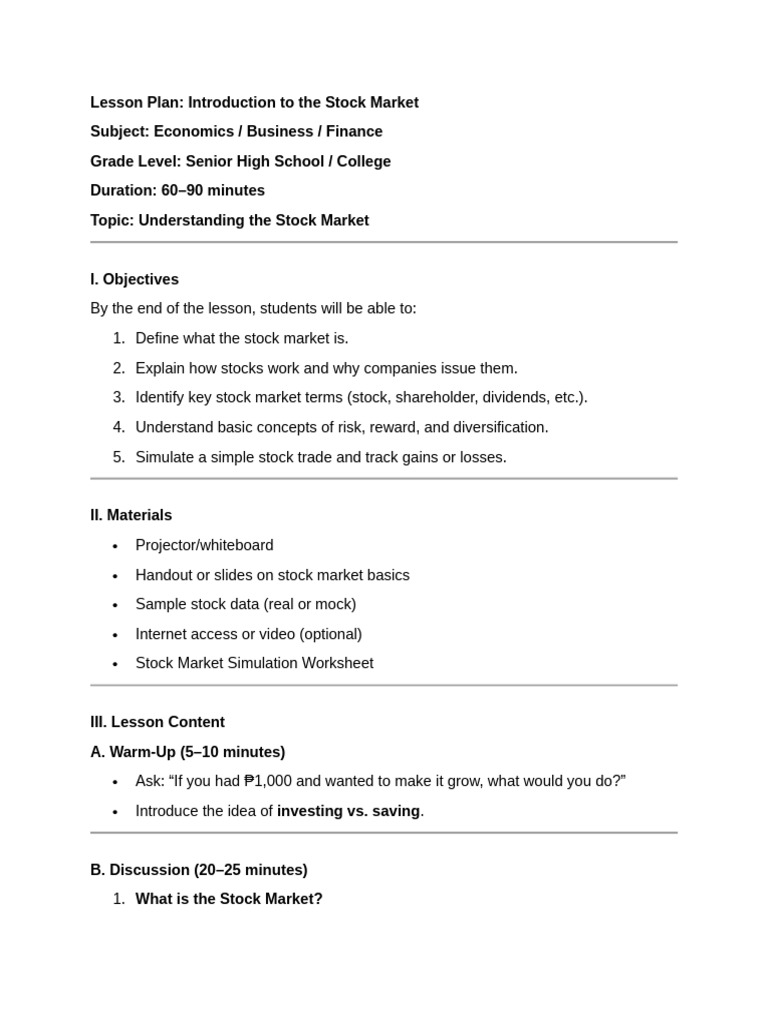 Stock Market Basics Lesson Plan | PDF | Stocks | Stock Market