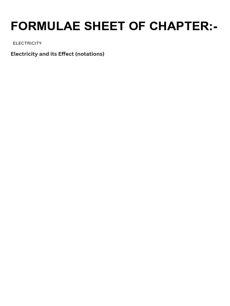 FORMULAE SHEET OF CHAPTER Electricity | PDF