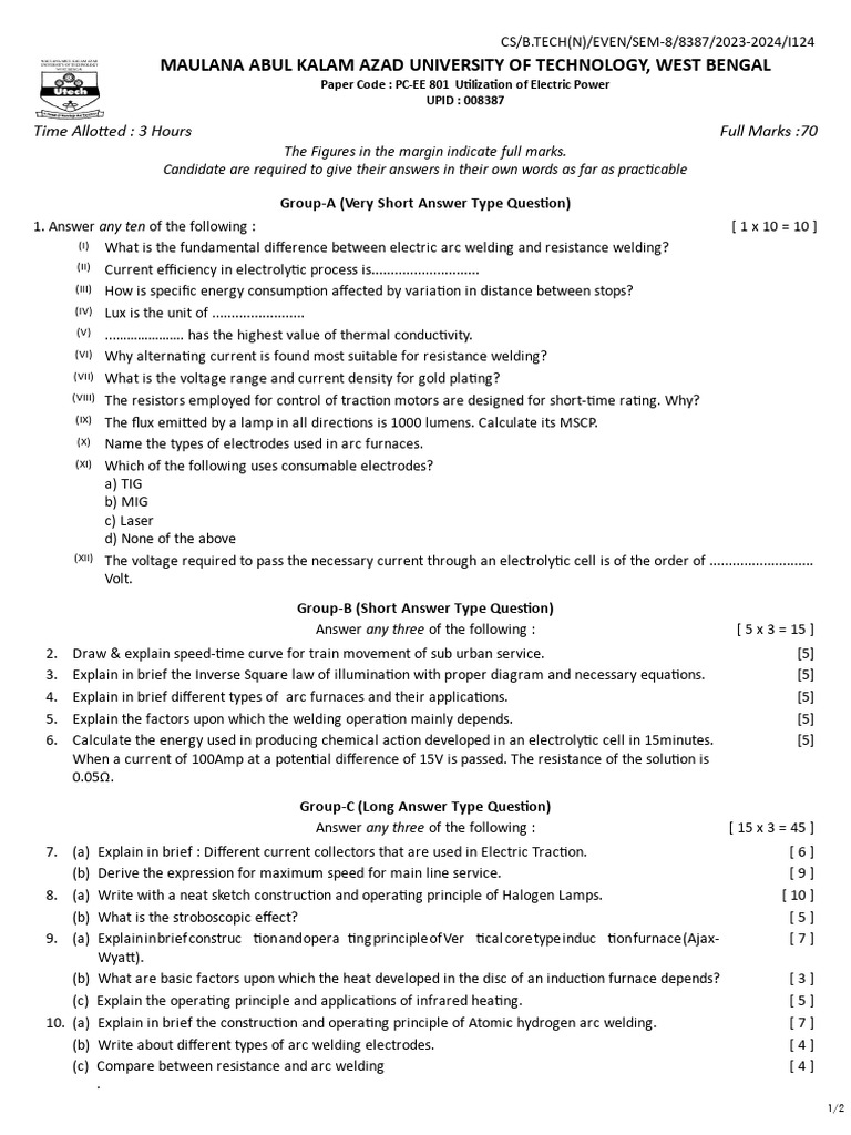 Btech Ee 8 Sem Utilization of Electric Power PC Ee 801 2024 | PDF | Welding | Construction