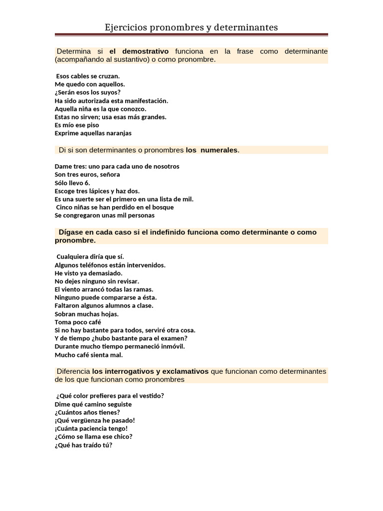 Ejercicios sobre pronombres y determinantes | PDF