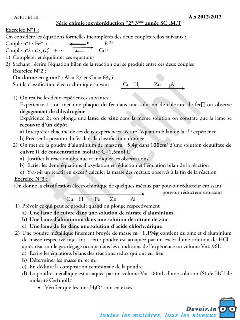 Oxydoréduction 2012 2013 (Affi Fethi) | PDF