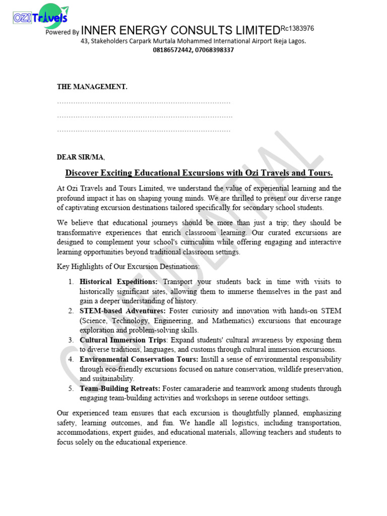 OZI TRAVELS SHOOL EXCURSION Letter | PDF | Education Theory | Behavior Modification